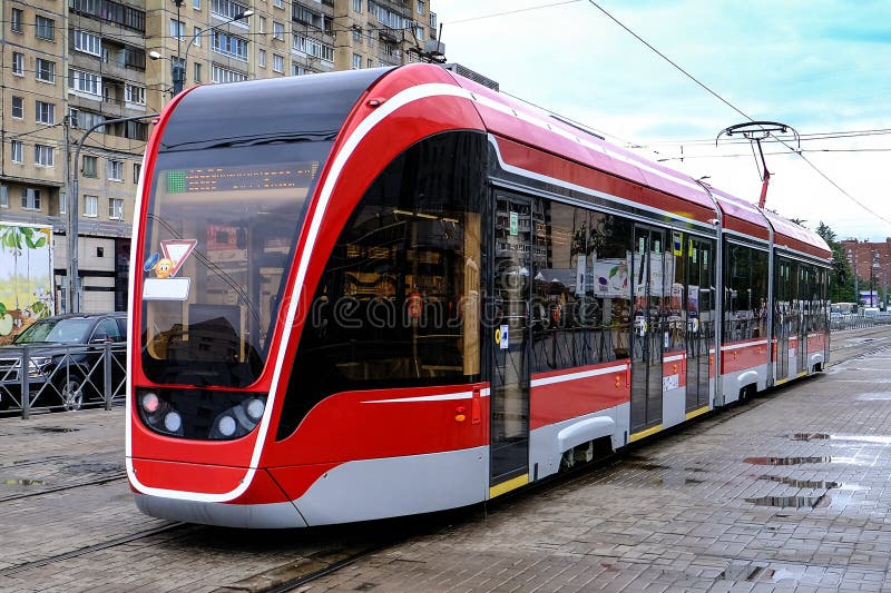 Red Tram on the Streets of the City Stock Photo - Image of city, facade ...