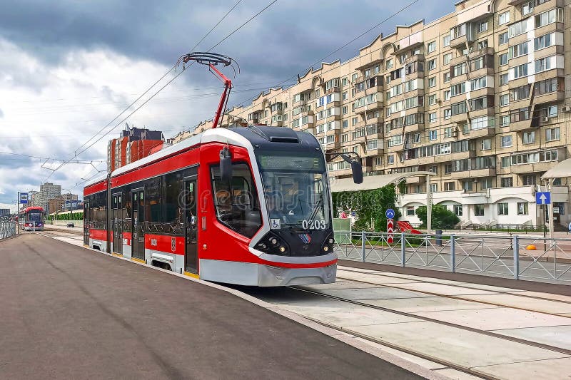 Red Tram on the Streets of the City Stock Photo - Image of street ...