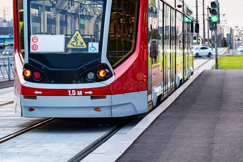 Red Tram on the Streets of the City Stock Photo - Image of transport ...