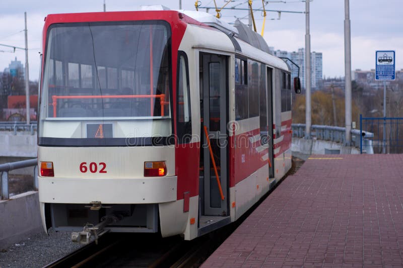 Red tram stock photo. Image of shade, passage, towers - 30420584
