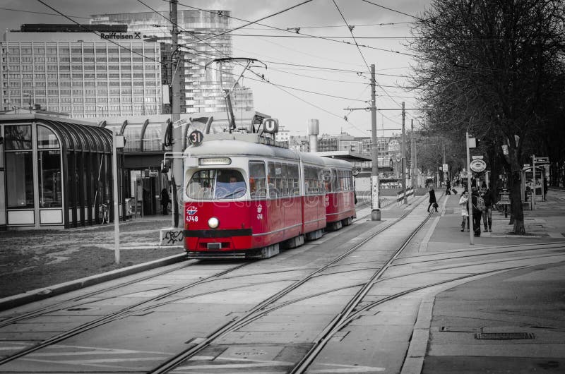 Red tram in Vienna editorial photography. Image of streetcar - 84960397