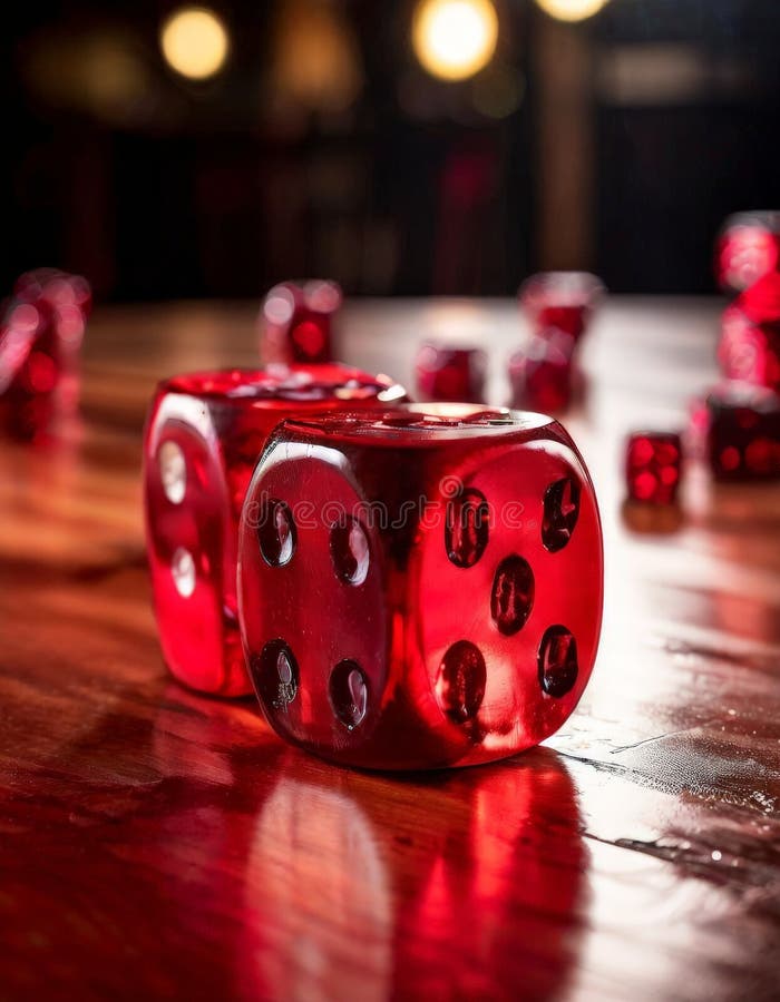 Red Translucent Dice on a Wooden Surface in Dramatic Lighting Stock ...