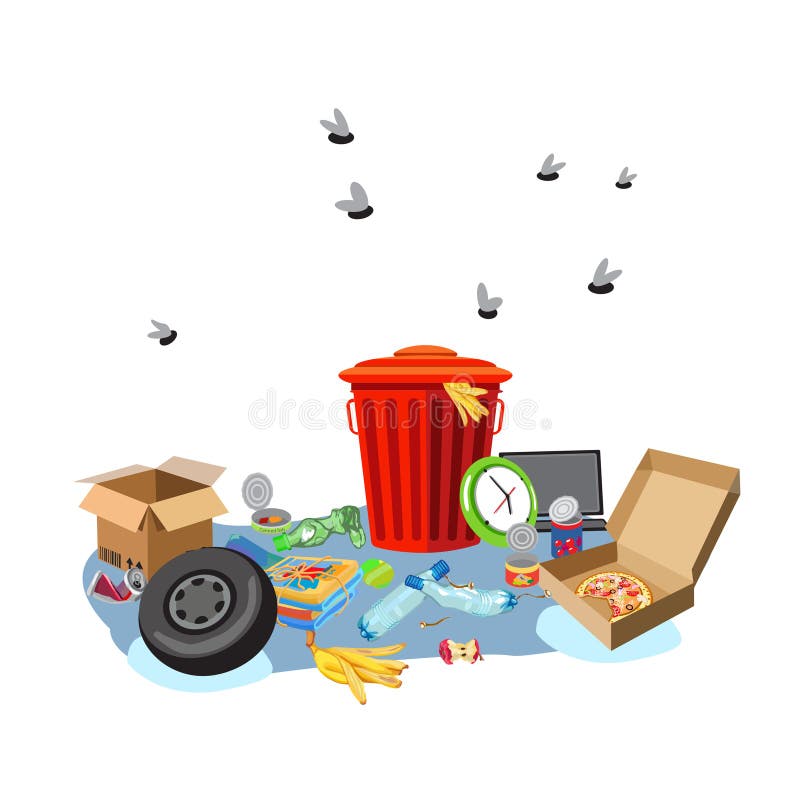 Red Trash Can with Unsorted Waste. Empty Boxes and Cans Stock Vector ...