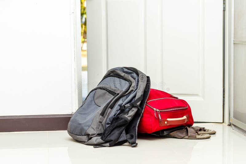 Red Travel Bag , Backpack and Shoes Stock Photo - Image of room ...