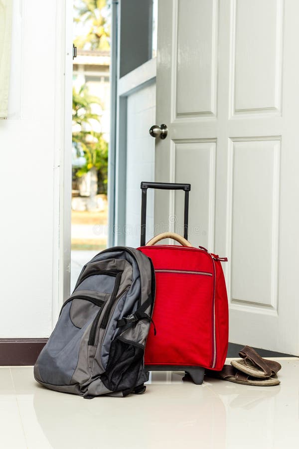 Red Travel Bag , Backpack and Shoes Stock Photo - Image of arrival ...