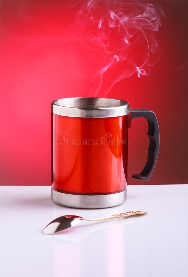 Red Travel Mug with Hot Tea and Spoon Stock Image - Image of insulating ...