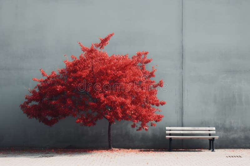 A Red Tree and a Bench in Front of a Gray Wall Stock Illustration ...