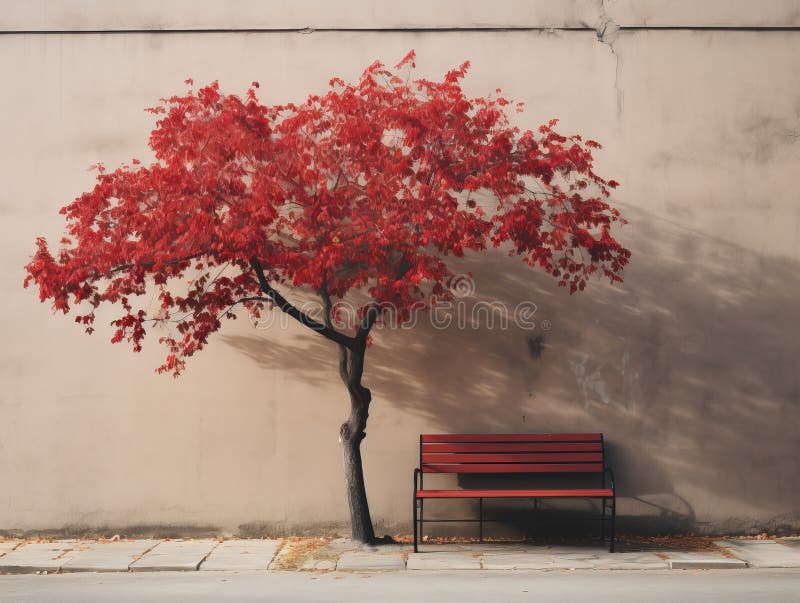 A Red Tree with a Bench Next To it Stock Illustration - Illustration of ...