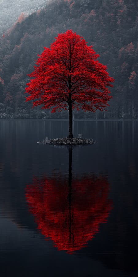 A Red Tree on a Black Lake. Generative AI. Stock Illustration ...