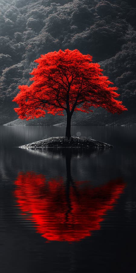 A Red Tree on a Black Lake. Generative AI. Stock Illustration ...