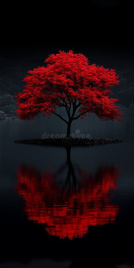 A Red Tree on a Black Lake. Generative AI. Stock Illustration ...