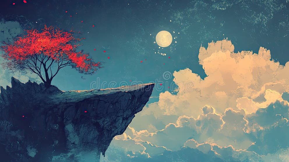 Red Tree on Cliff at Night with Full Moon and Stars Stock Illustration ...