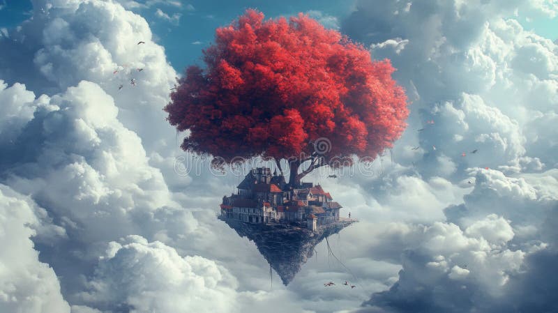 Red Tree on a Floating Island among Clouds Stock Illustration ...