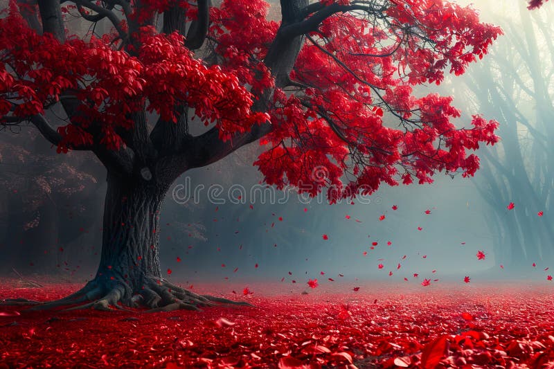 A Red Tree in a Foggy Forest Stock Image - Image of leave, autumn ...