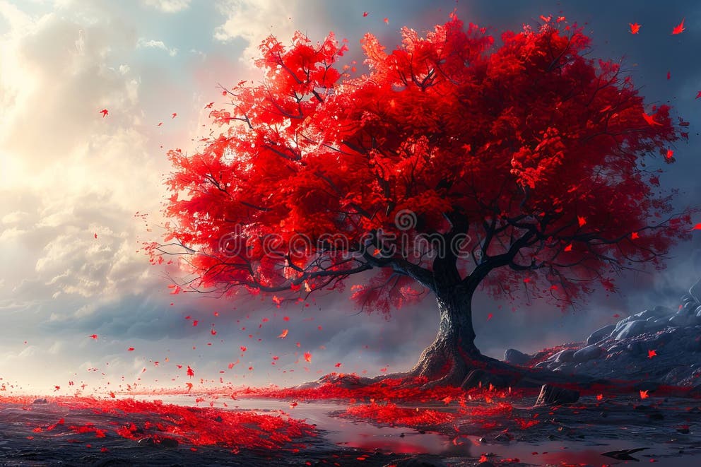 A Red Tree with Leaves Falling Down Stock Image - Image of leaves ...