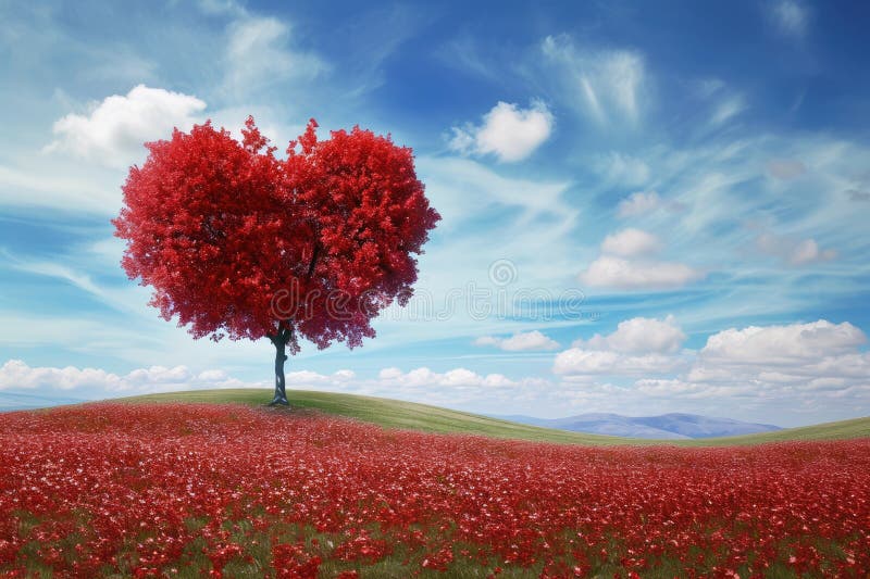 Red Tree of Love in Red Flower Field Valentines Day Pragma Stock Photo ...