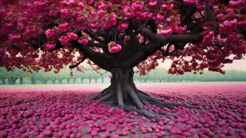 Red Tree with Roots and Fruit Stock Illustration - Illustration of ...