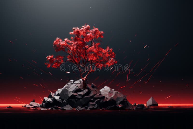 A Red Tree on Top of a Pile of Rocks Stock Illustration - Illustration ...