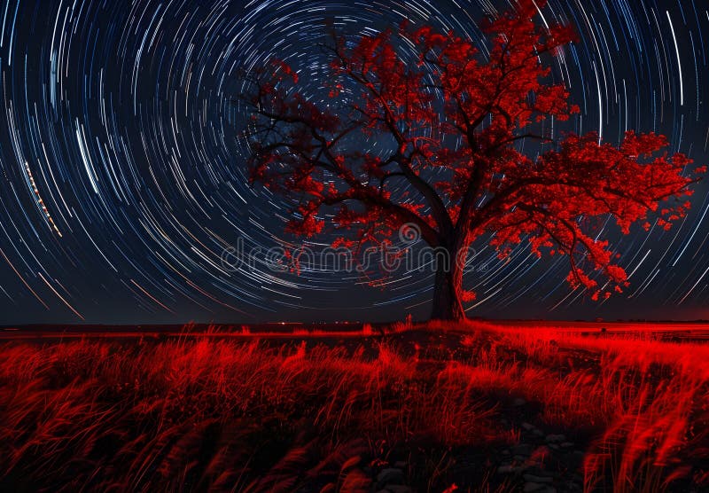 Red Tree Under Star Trails Night Sky Stock Illustration - Illustration ...