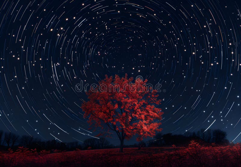 Red Tree Under Star Trails Night Sky Stock Illustration - Illustration ...