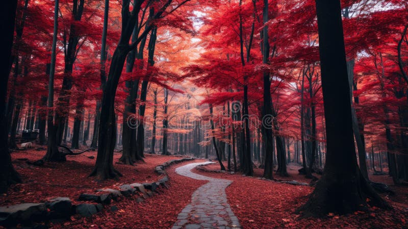 Red Trees in the Forest during Fall Stock Illustration - Illustration ...