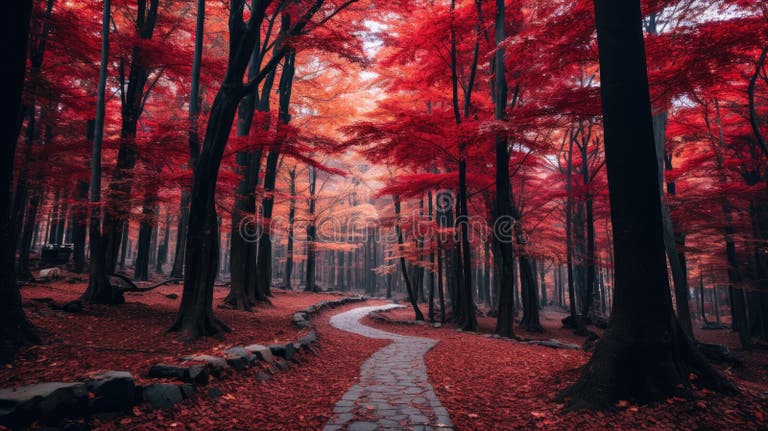 Red Trees in the Forest during Fall Stock Illustration - Illustration ...