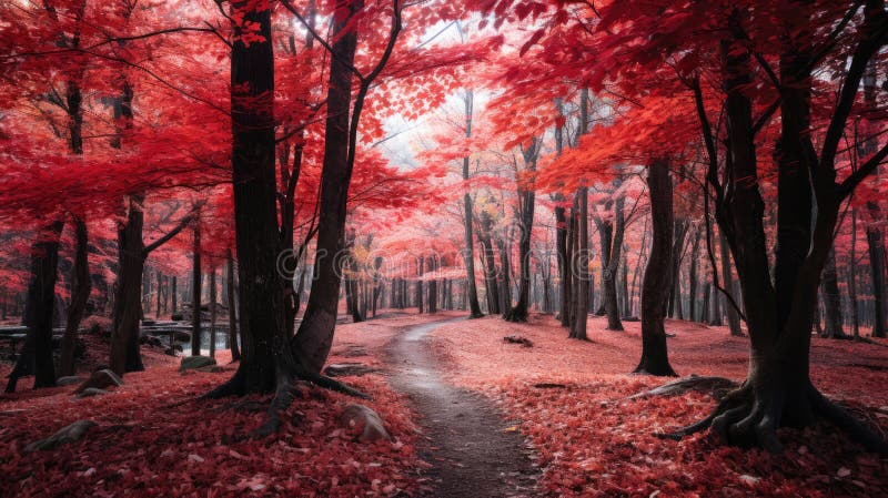 Red Trees in the Forest during Fall Stock Illustration - Illustration ...