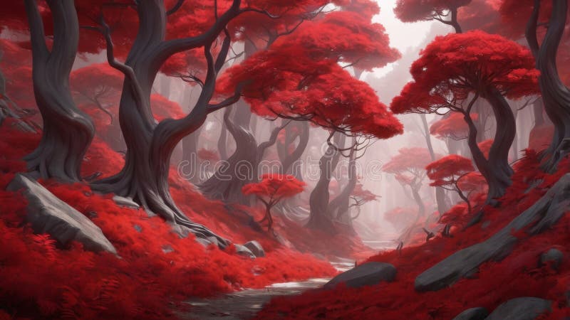 Red Trees Form a Misty Forest Path Stock Illustration - Illustration of trees, foliage: 355266023
