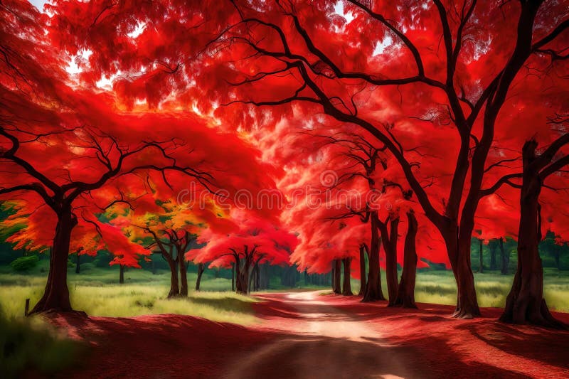 RED TREES LANDSCAPE on ROAD GENERATED by AI TOOL Stock Illustration ...
