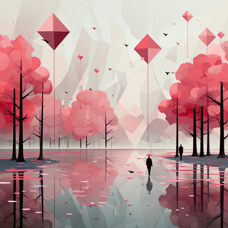 Red Trees Near a Water Body in a Charming Character Illustration Stock ...