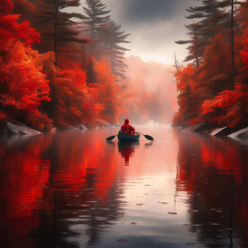 Red Trees Reflection in the Mirror Rive Stock Illustration ...
