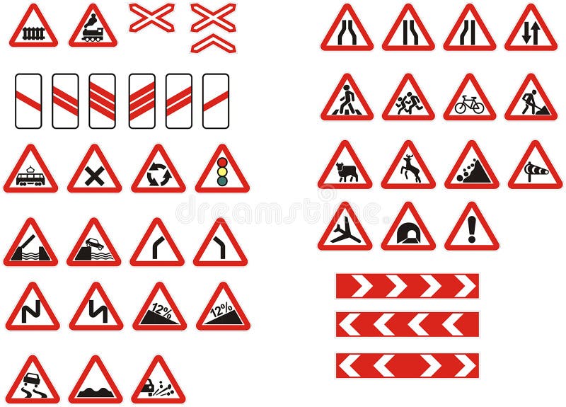 Red Triangle Common Traffic Signs Icon Set Flat Design, Safety ...