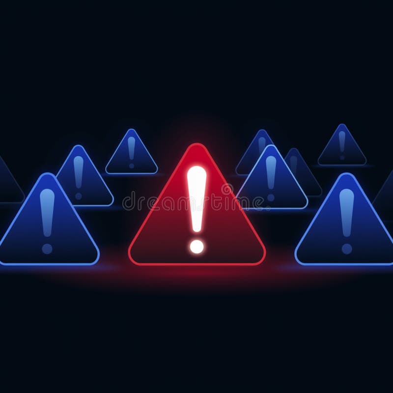 Red Triangle with Exclamation Mark Glows among Blue, Dark Background ...