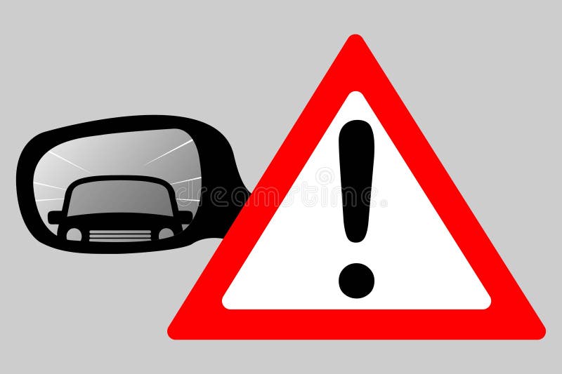 Red Triangle with Exclamation Sign and Rearview Mirrors with Car ...