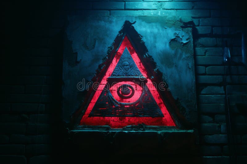 A Red Triangle with an Eye on it in a Dark Room Stock Illustration ...