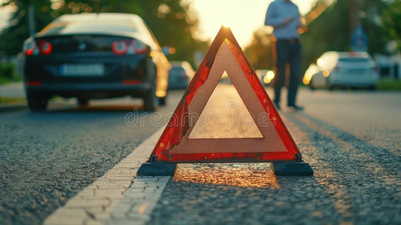 Red triangle on roadside stock photo. Image of roadside - 375107692