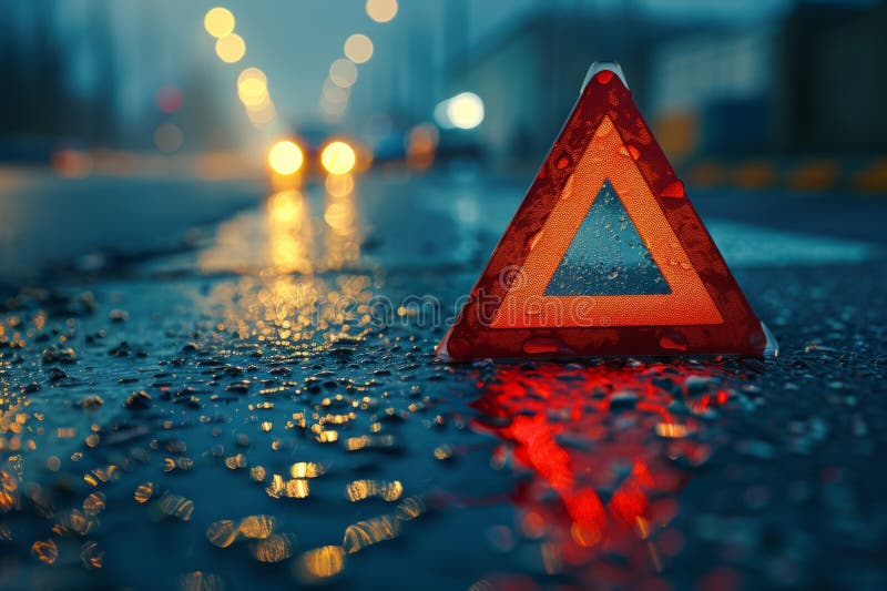 Red Triangle Sign on the Road Near a Broken Down Car and an Accident ...