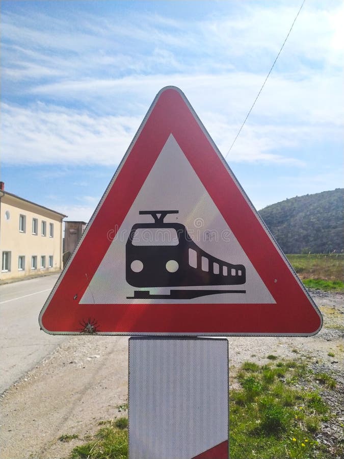 Red Triangle Traffic Sign of Train Stock Photo - Image of streetlight ...