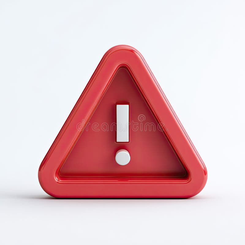 This 3D rendered image shows a red triangle with an exclamation point ...