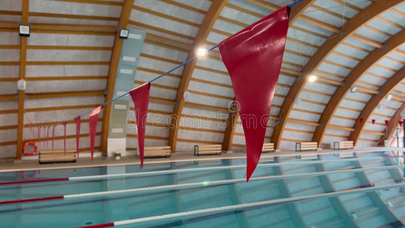 Red Triangular Flags Above Swimming Pool Stock Footage - Video of ...