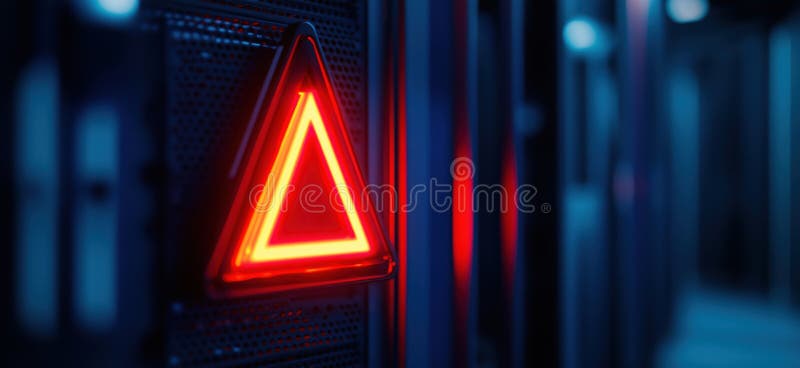 Red Triangular Warning Light Illuminating Server Room, Indicating Alert ...