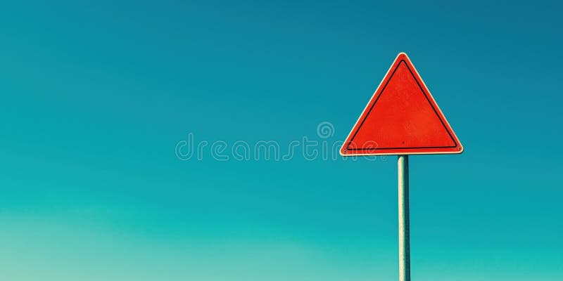 Red Triangular Warning Sign Against Clear Blue Sky Background Stock ...