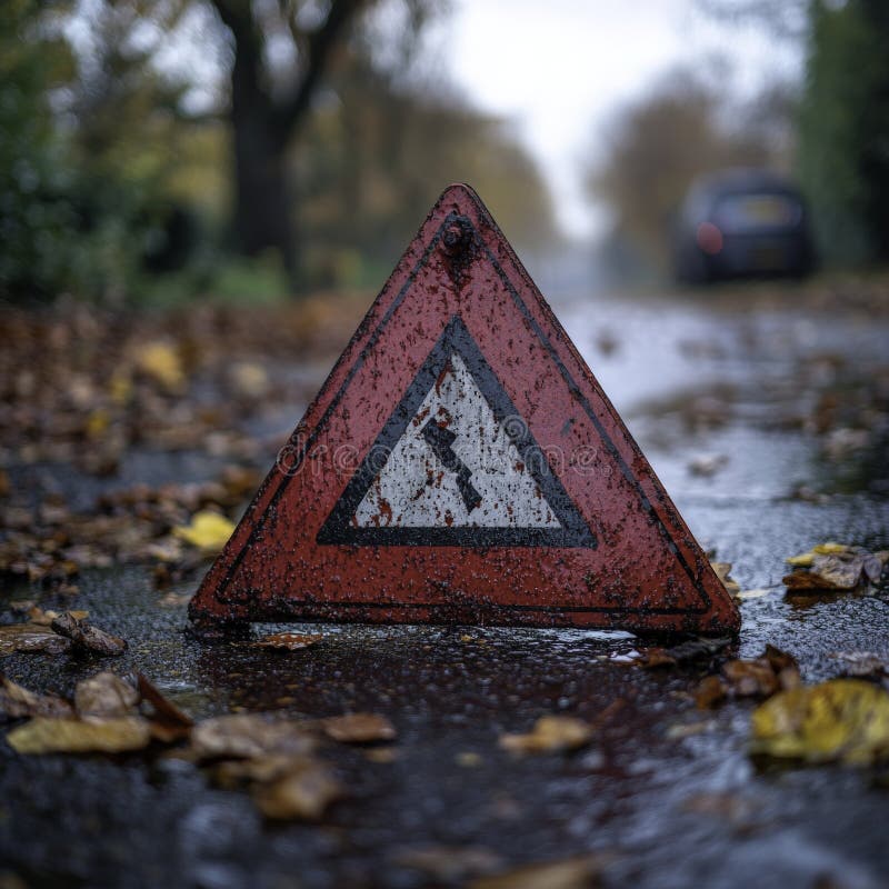 Red Triangular Warning Sign on Wet Road, Fallen Leaves, Blurred Car ...