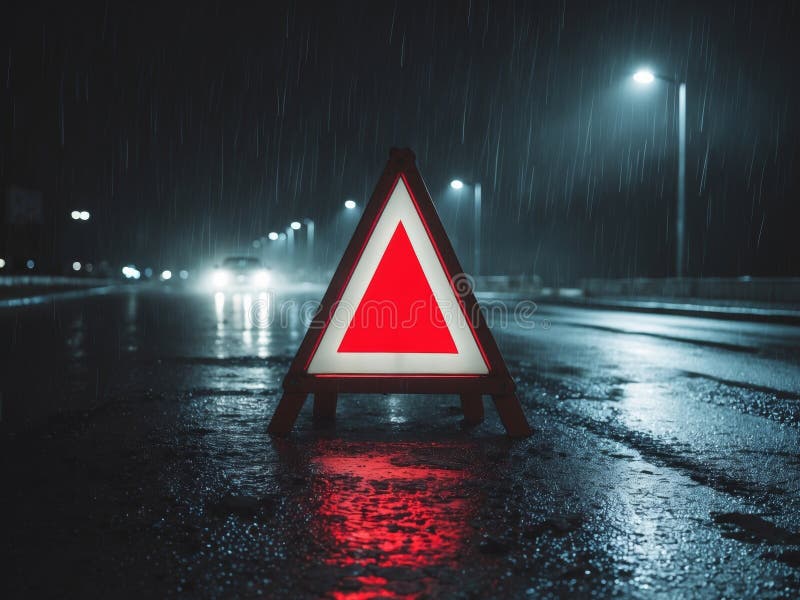 Red Triangular Warning Sign Wet Road Night is Emergency Triangle ...
