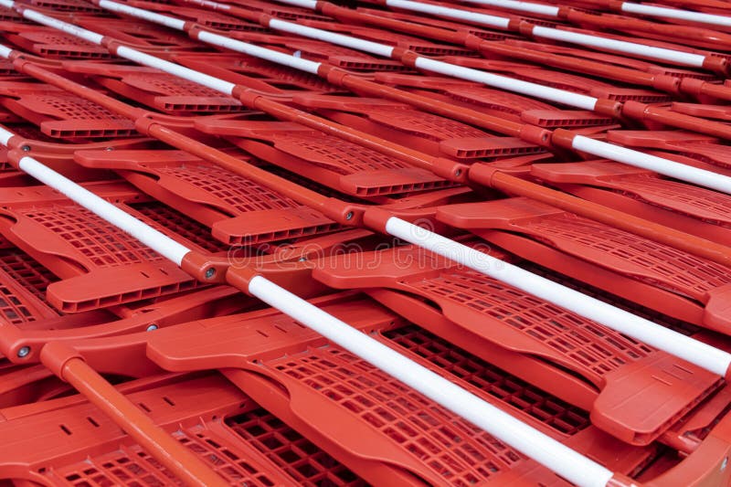 Red Trolleys in the Supermarket. Stock Photo - Image of object, trolley ...
