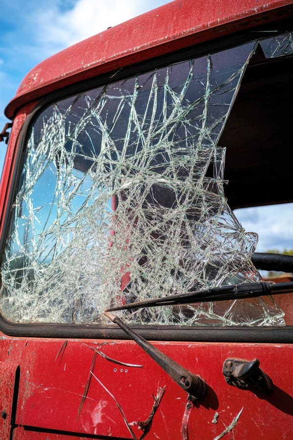 Red Truck Broken Window stock image. Image of emergency - 373299563