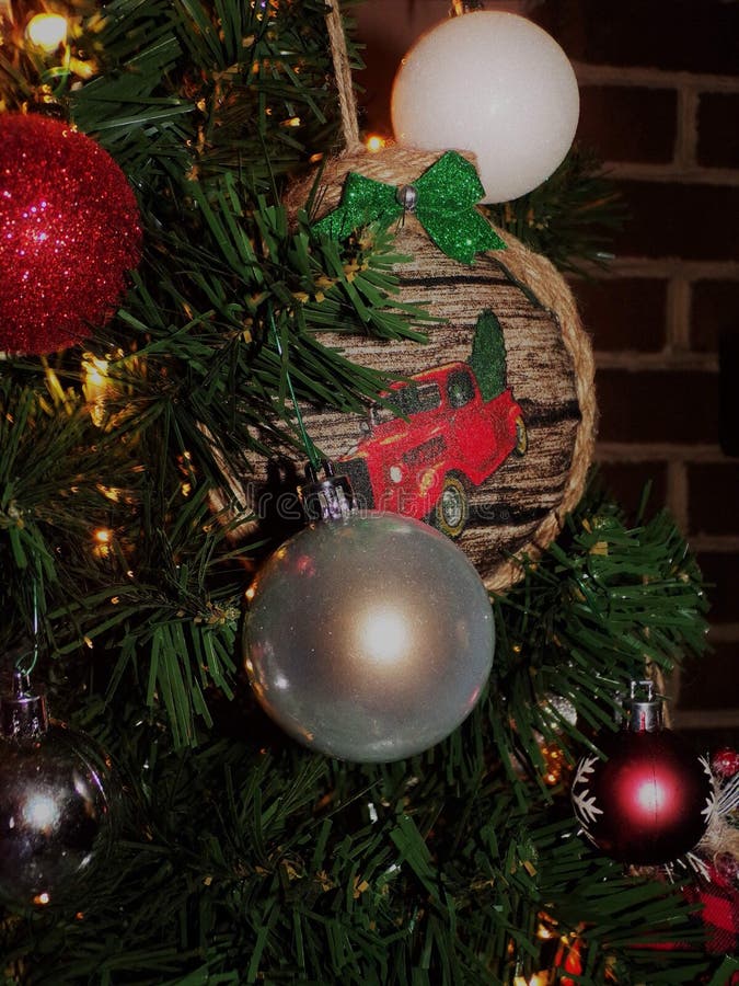 Red Truck Christmas Bulb Tree Red Silver Stock Photo - Image of truck ...