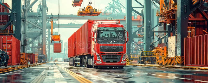 Red Truck Container Unloading Cargo Industrial Warehouse Facility Stock ...