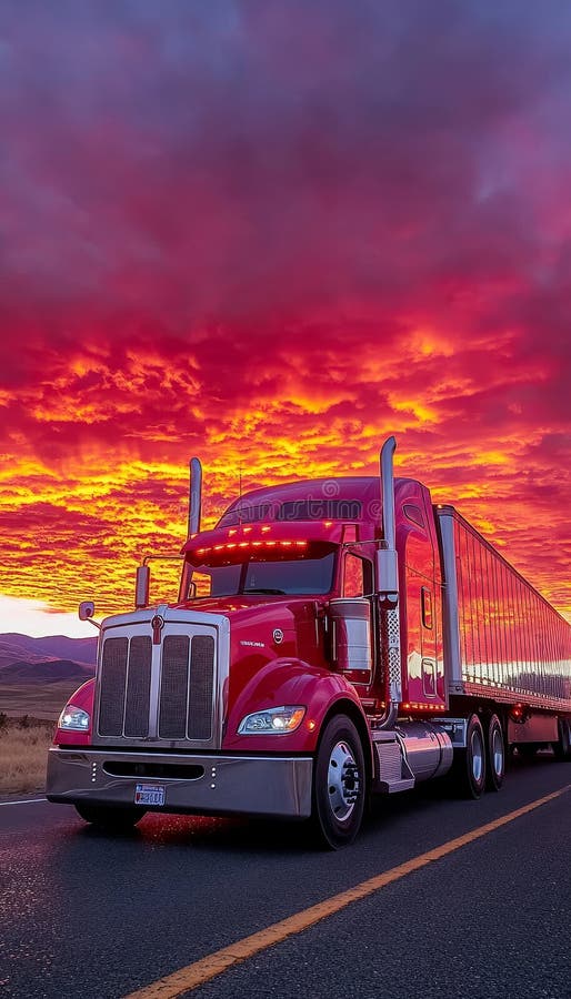 Red Truck Driving Under Dramatic Sunset Sky, Logistics, Freight ...