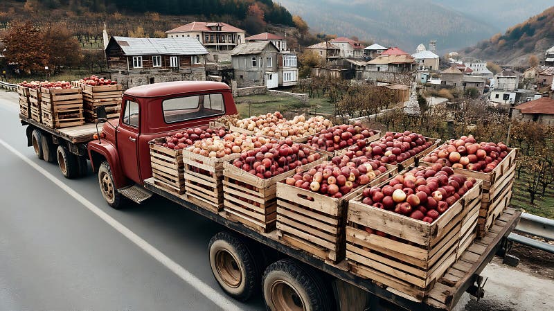 Red Truck Loaded with Crates of Apples on a Mountain Road Stock ...